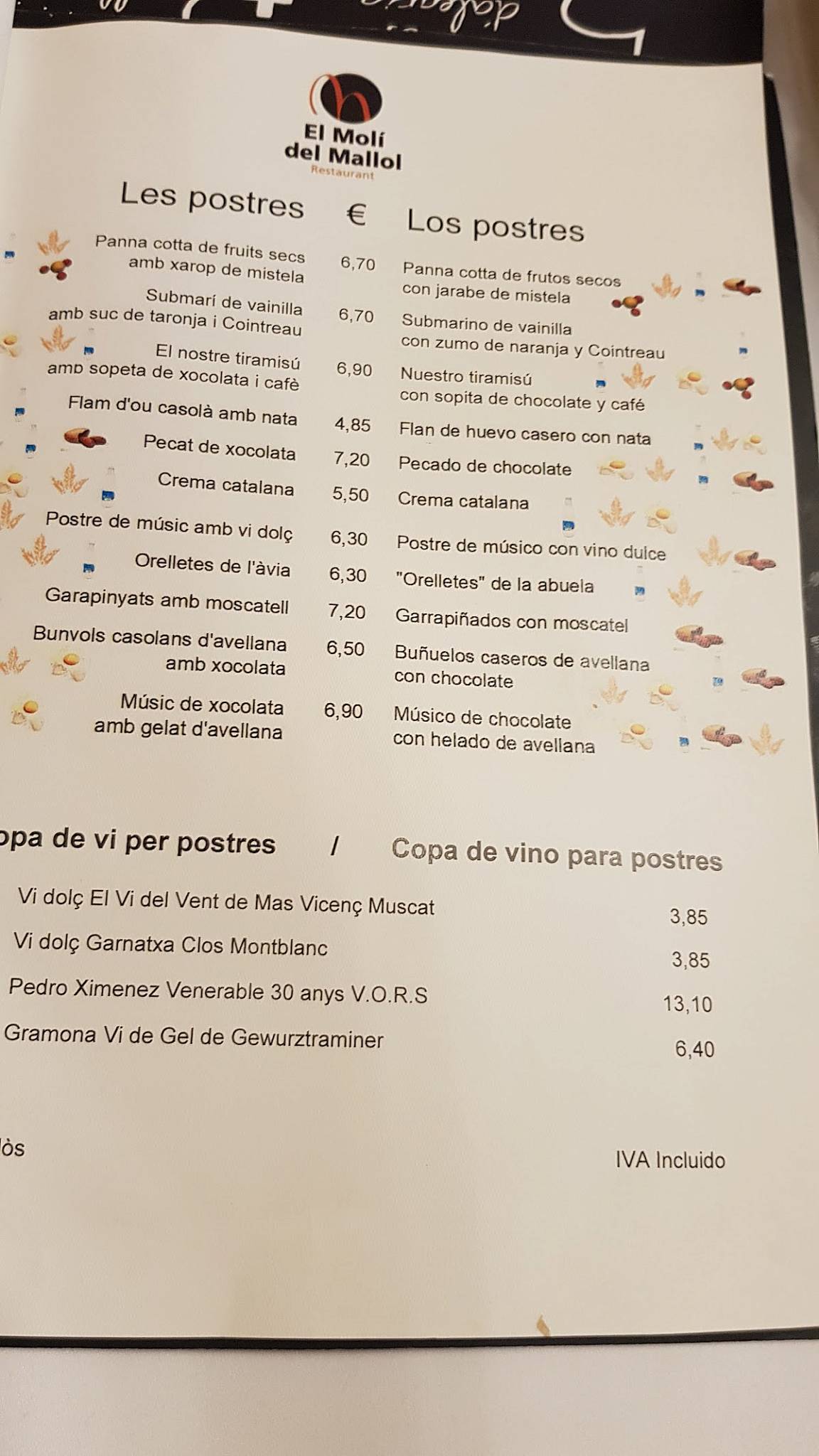 Carta del restaurante El Molí del Mallol, Montblanc