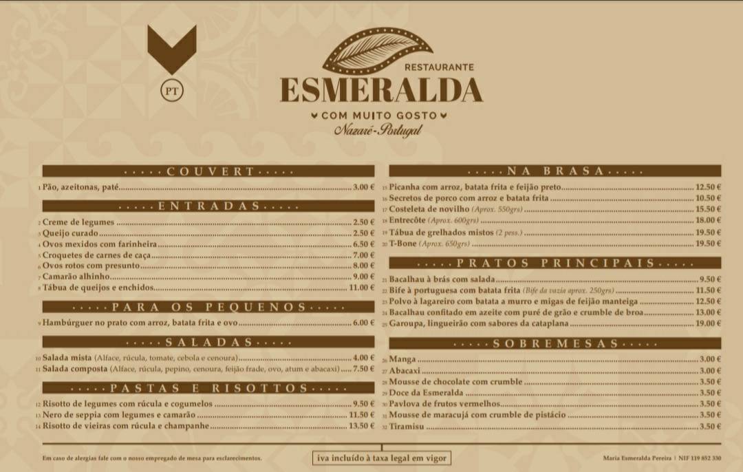 Carta de Restaurante Esmeralda, Nazaré