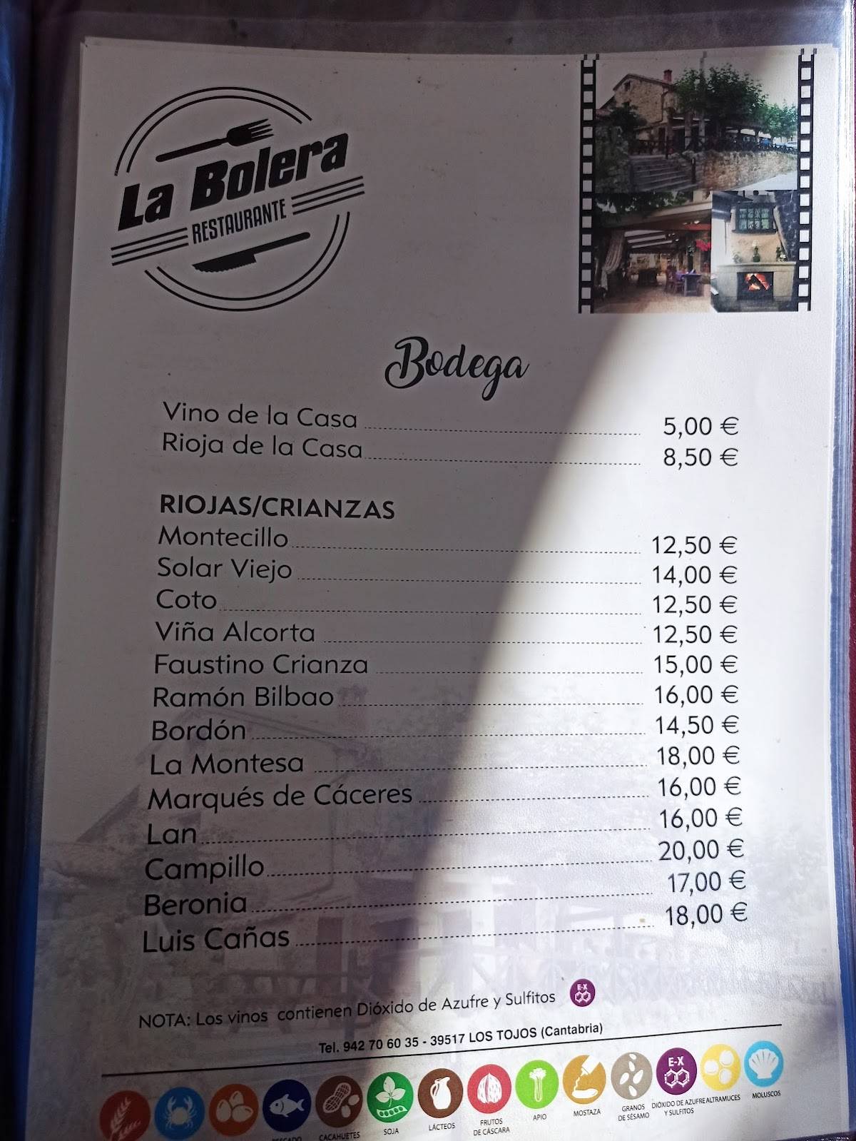Carta de Restaurante La Bolera, Los Tojos