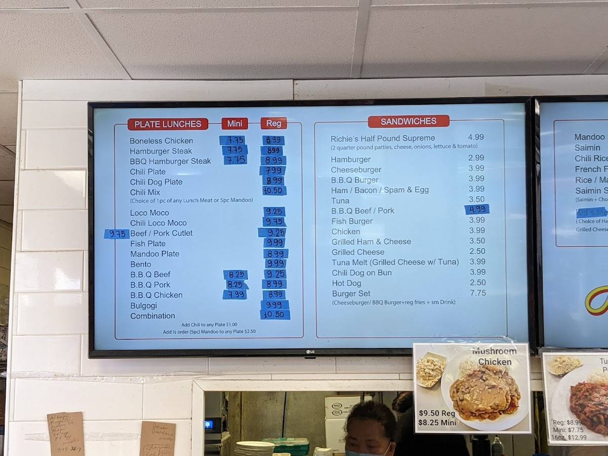 Menu at Richie's Drive Inn restaurant, Honolulu