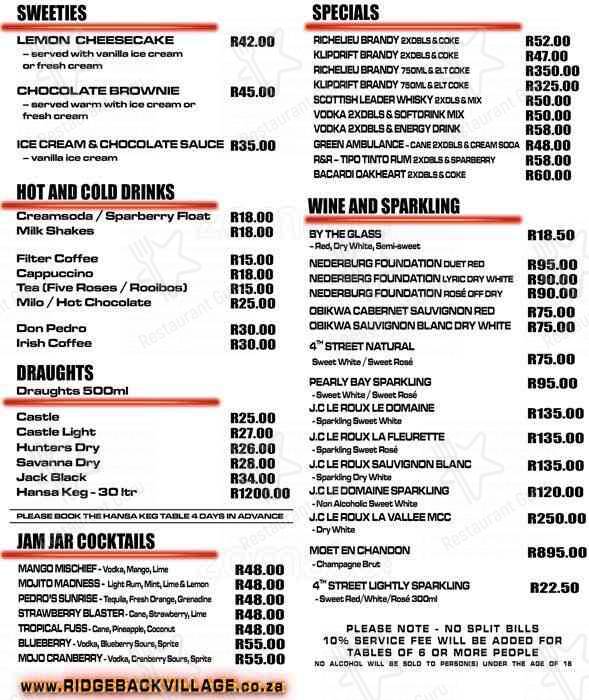 Menu at Ridgeback Village Restaurant, Pretoria, 129 South St