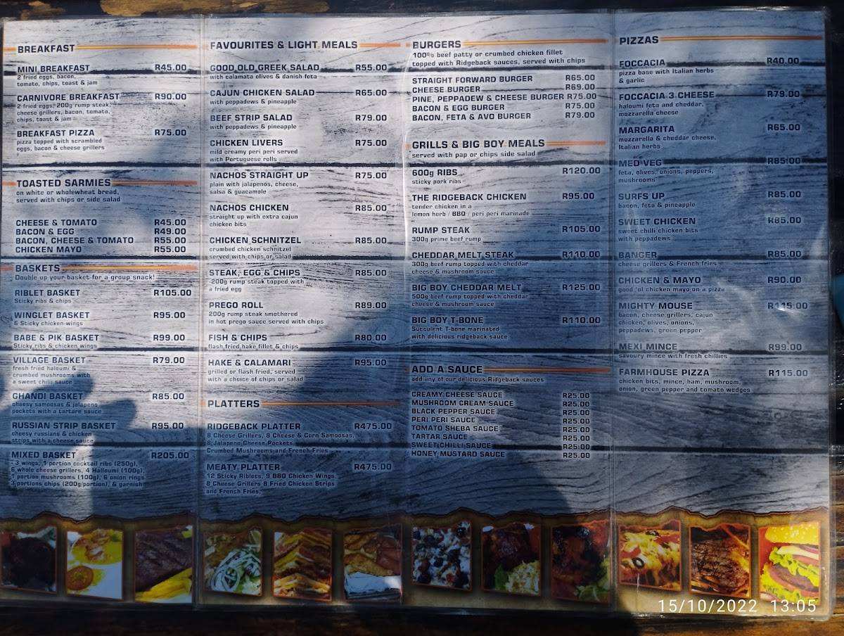 Menu at Ridgeback Village Restaurant, Pretoria, 129 South St