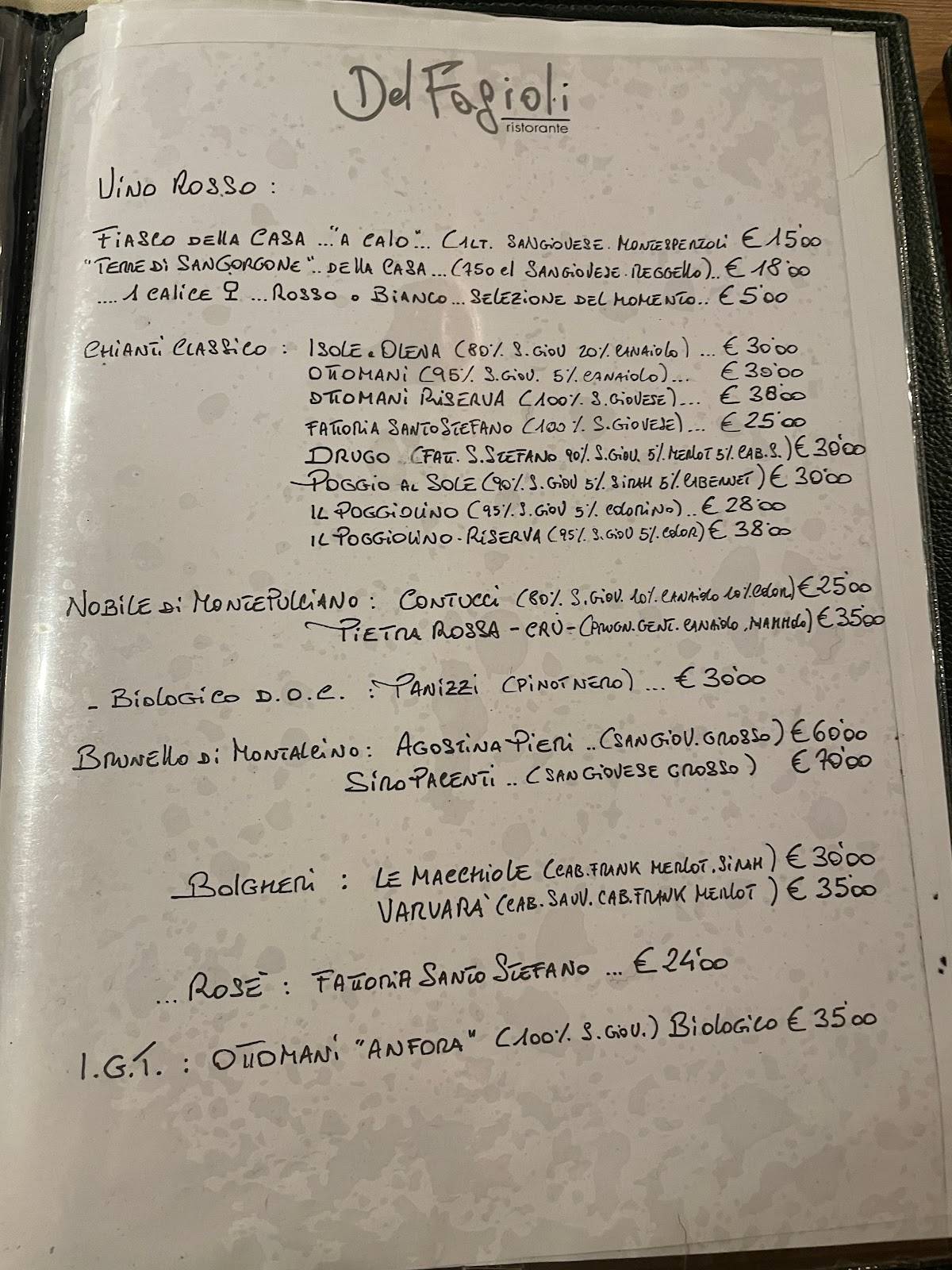 Menu at Ristorante del Fagioli, Florence, Corso dei Tintori