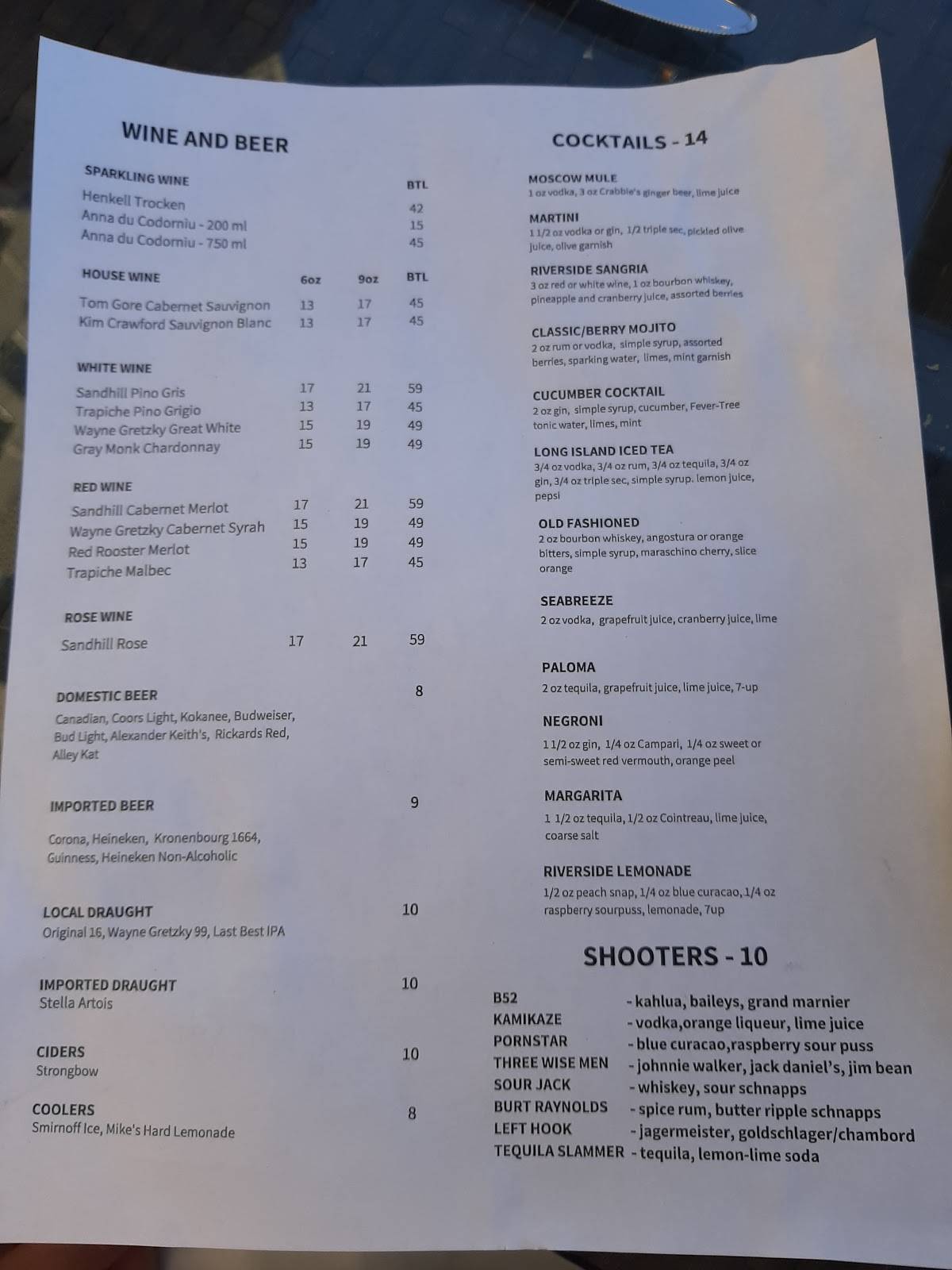 Menu at Riverside Bistro restaurant, Edmonton, 1 Thornton Ct NW