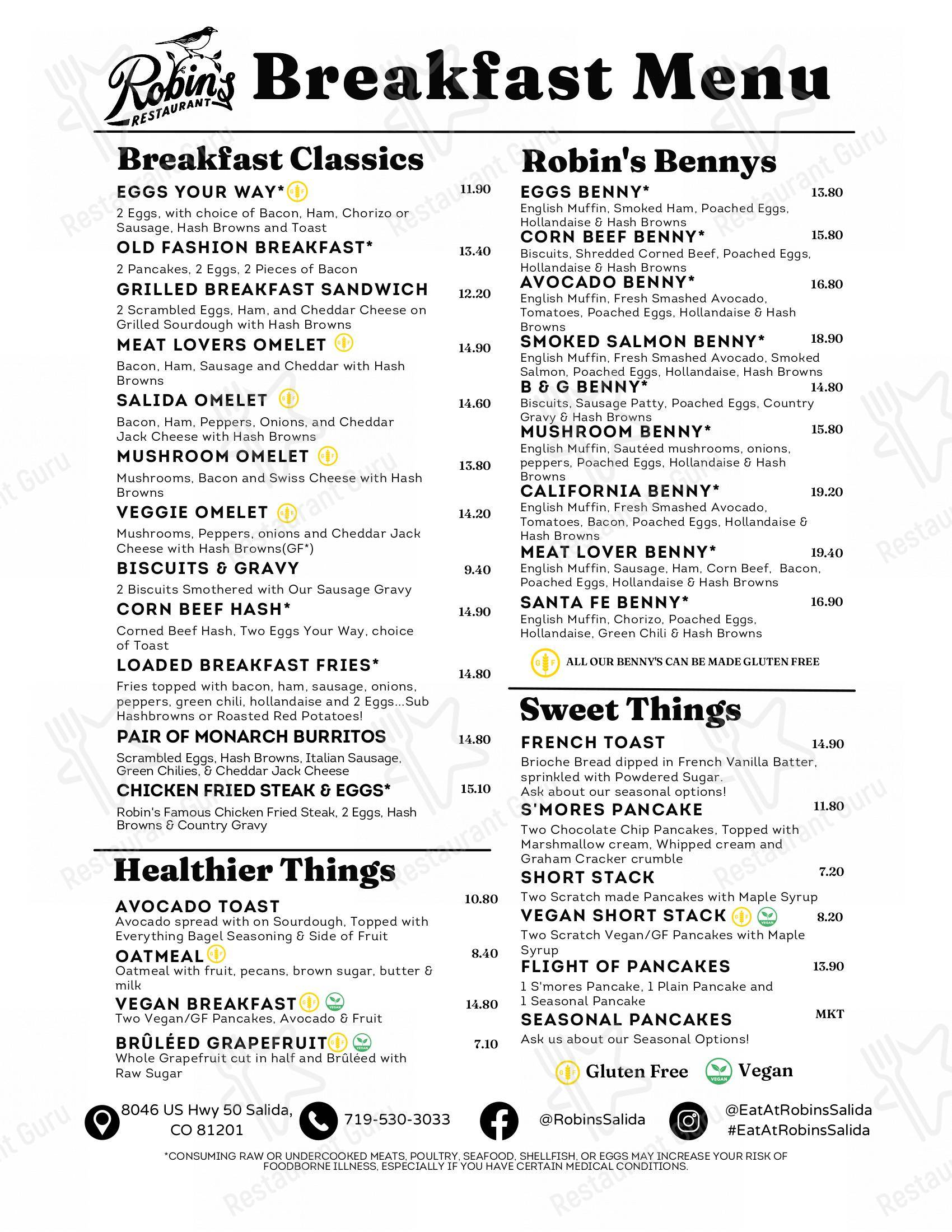 Menu at Robin's in Salida restaurant, Salida