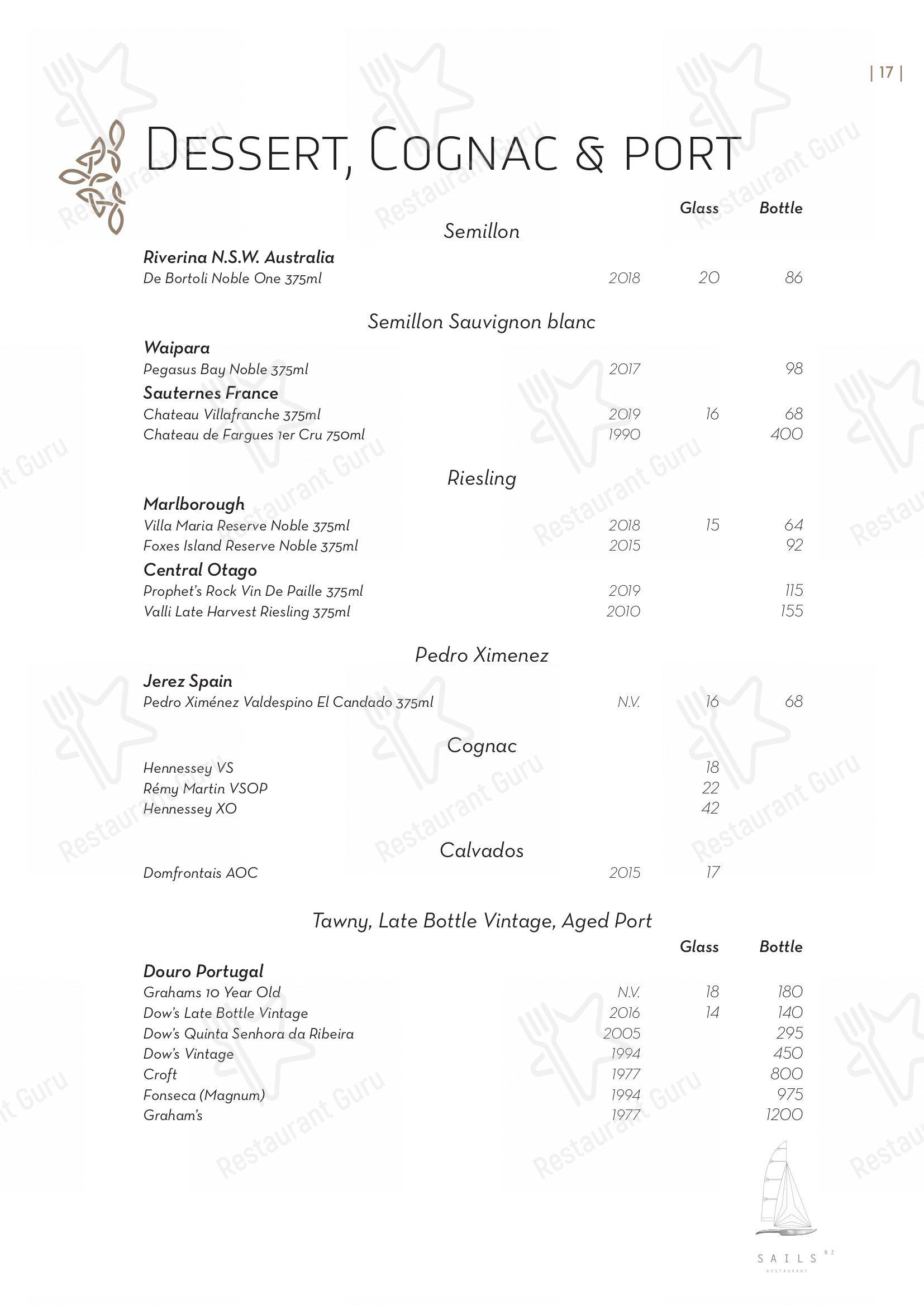 Menu at Sails Restaurant, Auckland