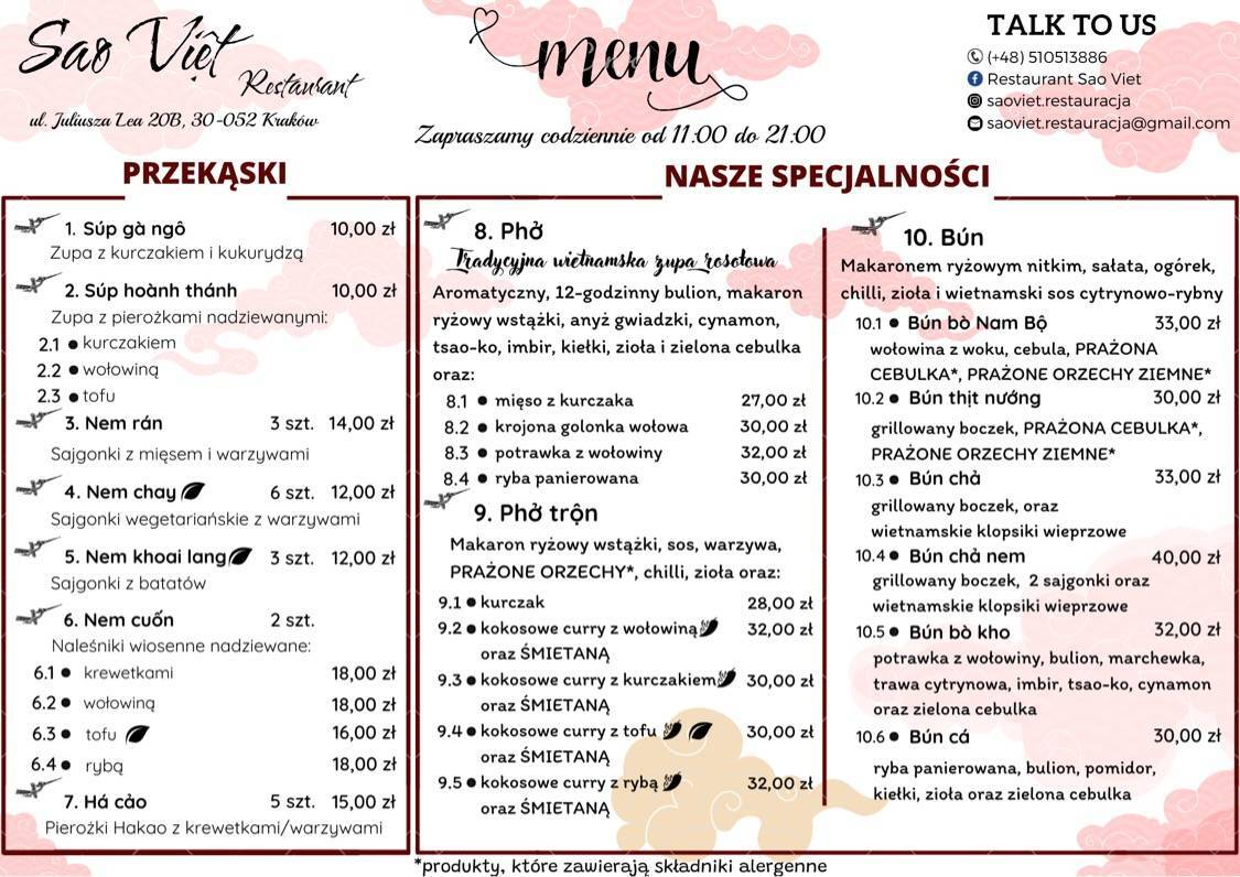 Menu at Restauracja Sao Viet restaurant, Kraków