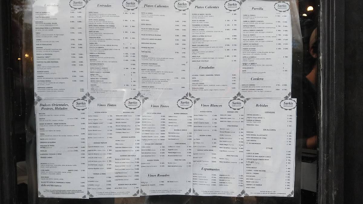 Carta del restaurante Sarkis, Buenos Aires