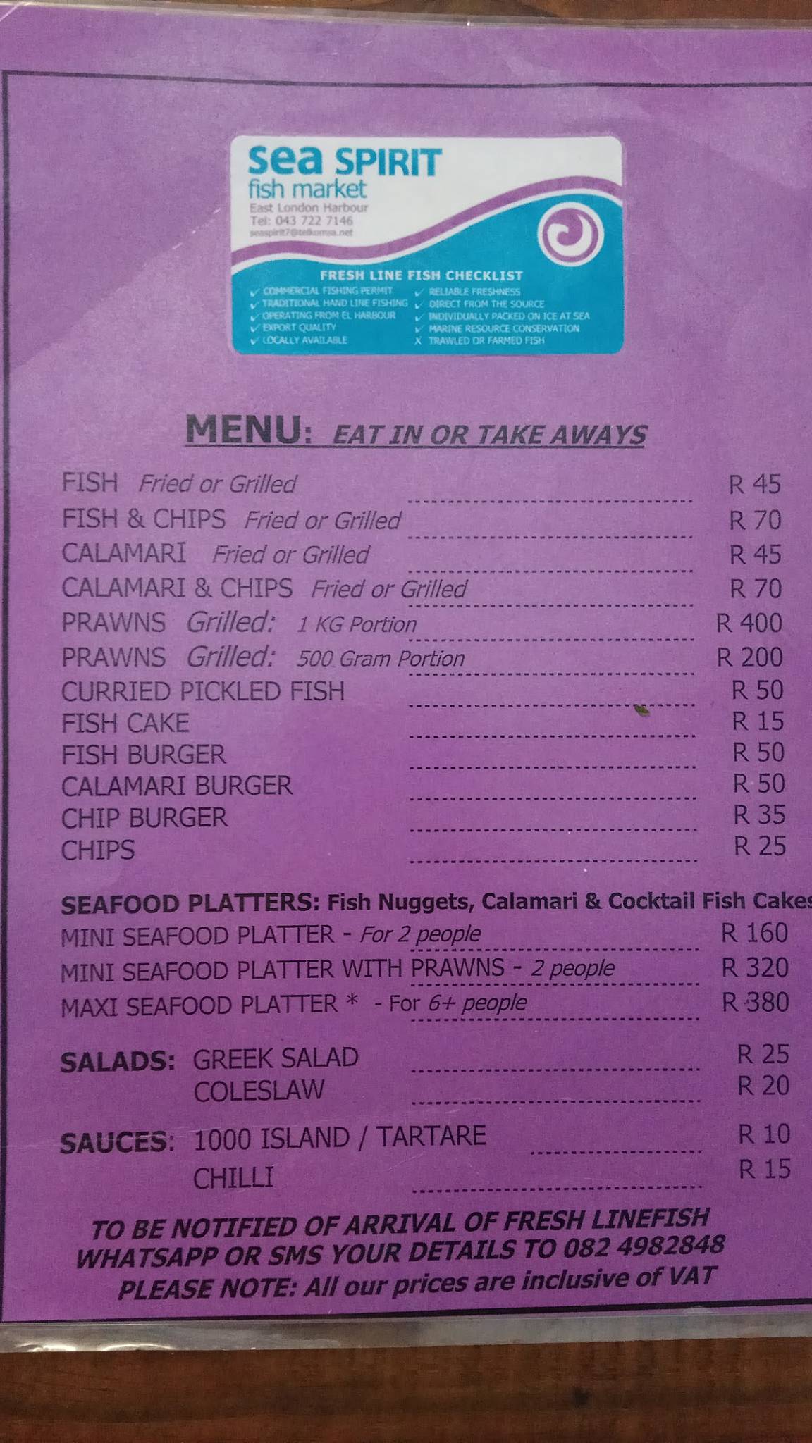 Menu at Sea Spirit Fish Market Restaurant, East London
