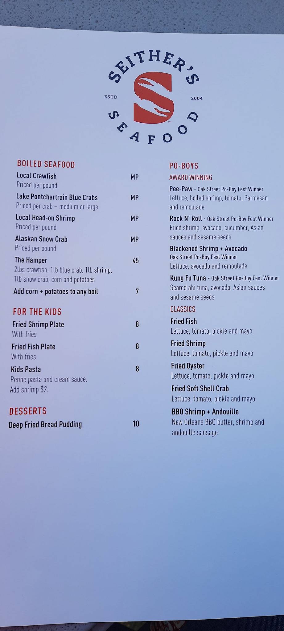 Menu at Seithers Seafood restaurant, Harahan