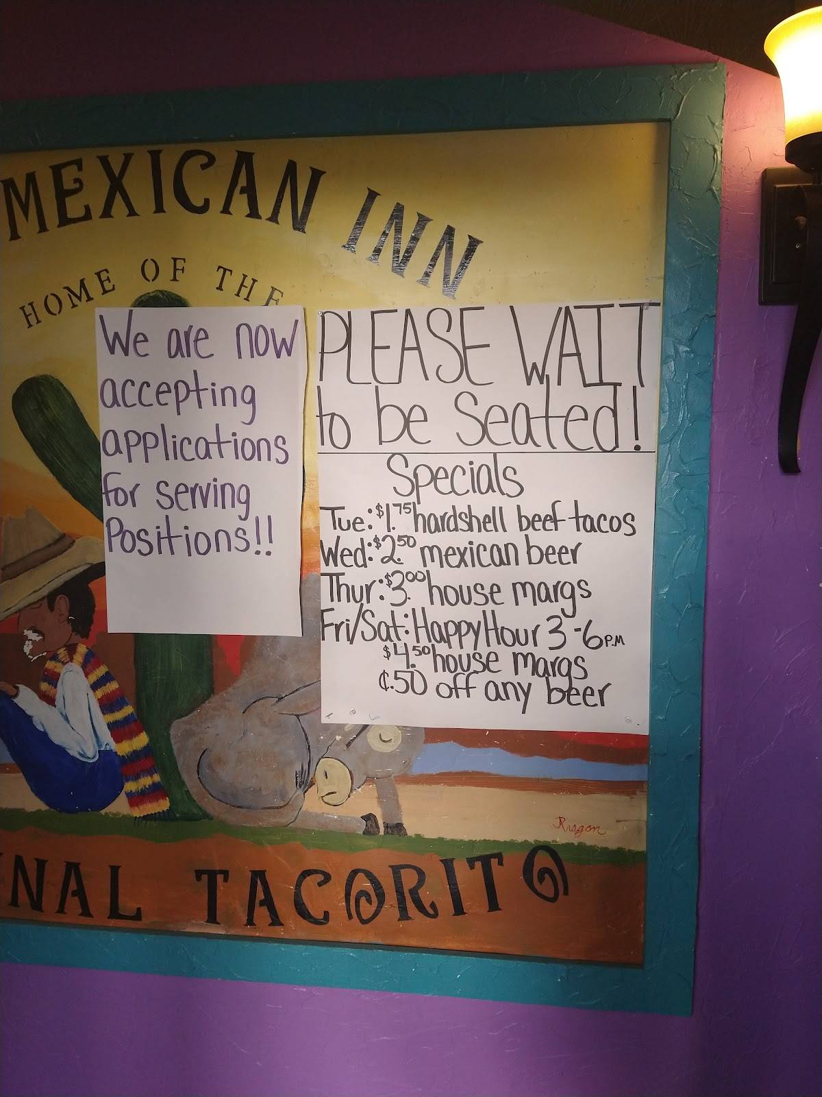 Menu at Senor Rafael at the Mexican Inn restaurant, Loveland