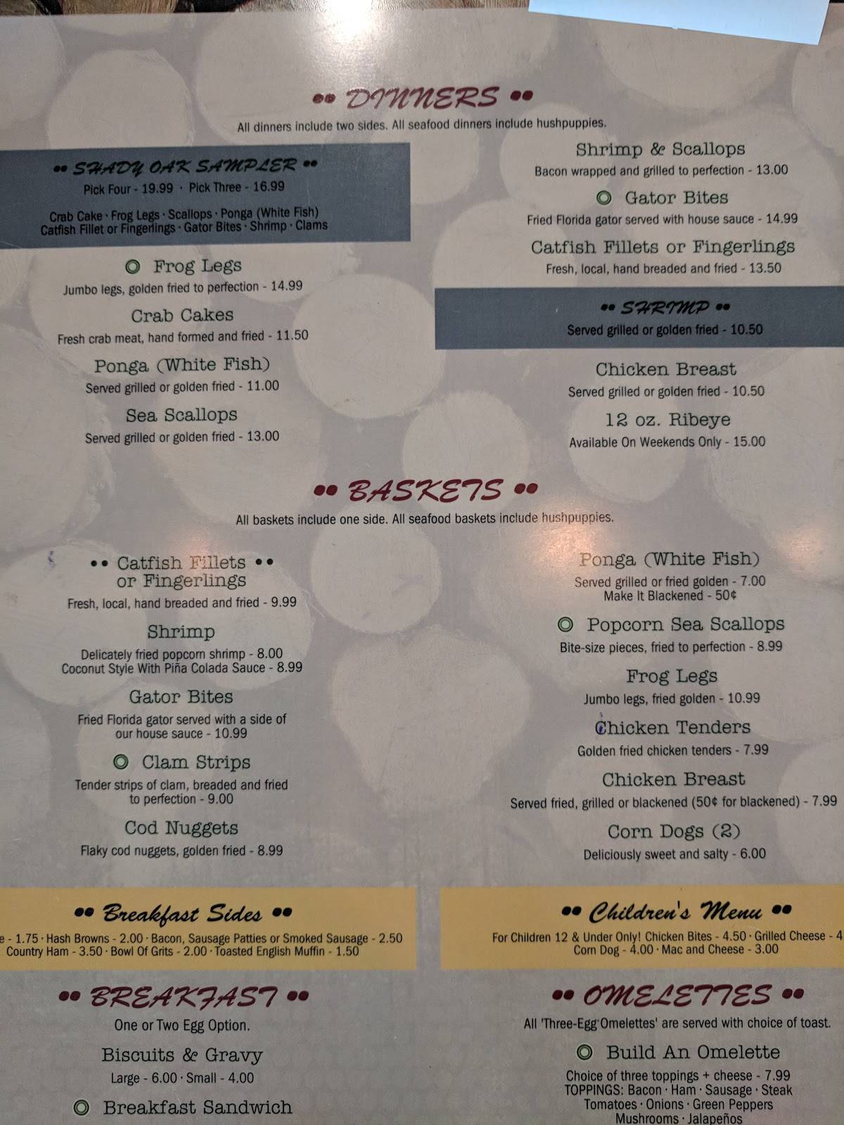Menu at Shady Oak Restaurant, DeLand, New York Ave W