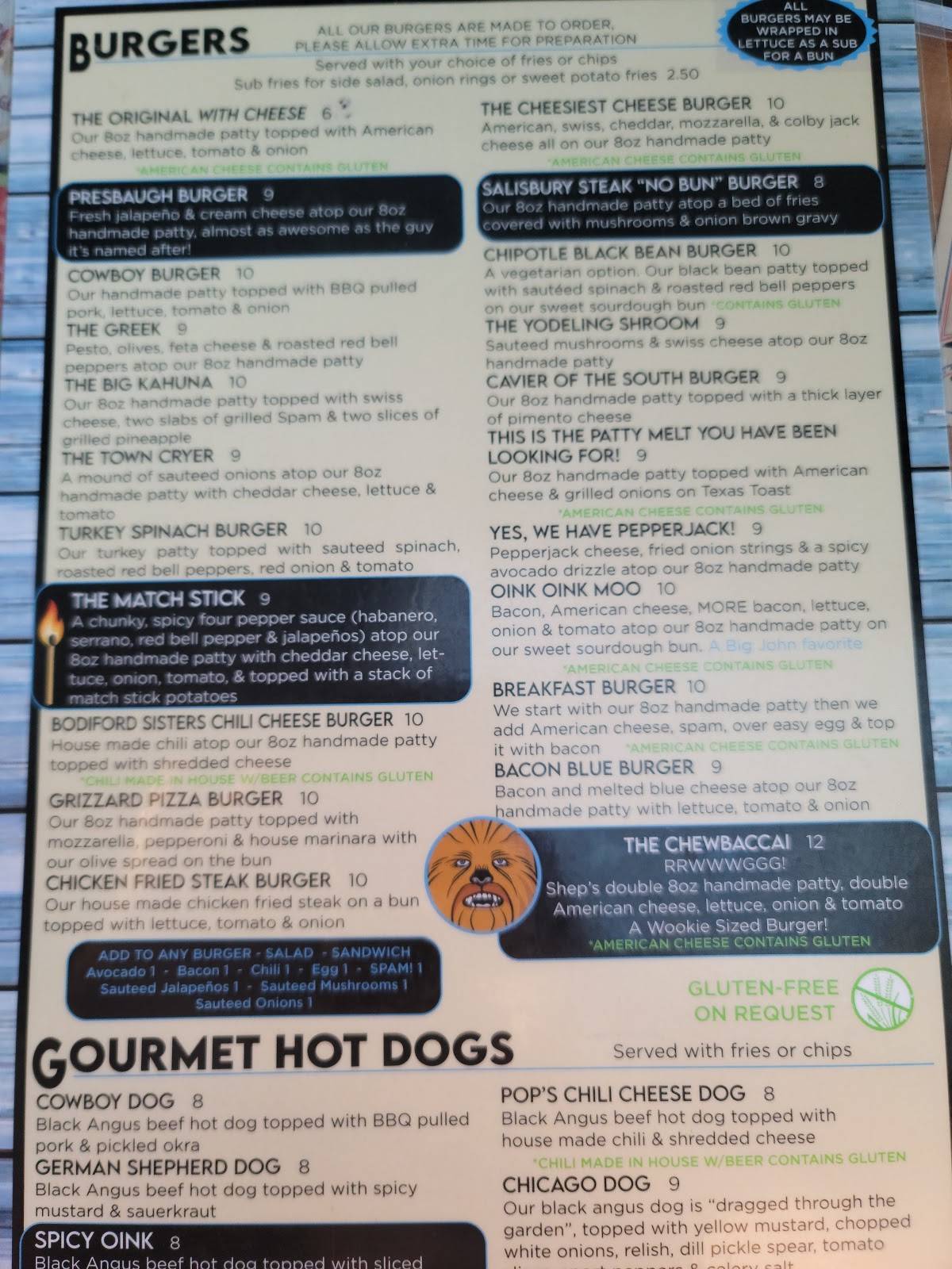 Menu at Shep's restaurant, Weatherford