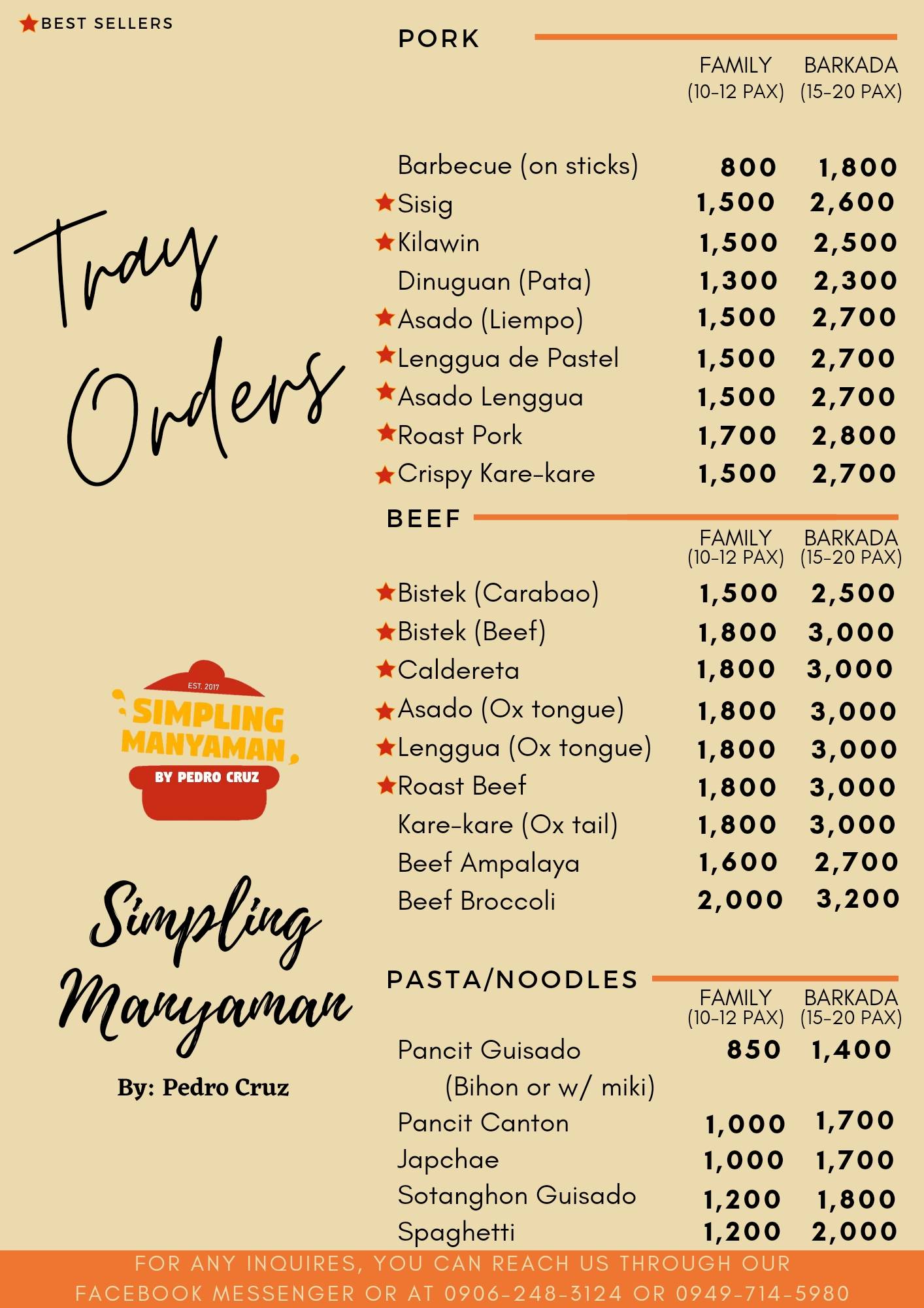 Carta del restaurante Pedrene's Simpling Manyaman, San Fernando