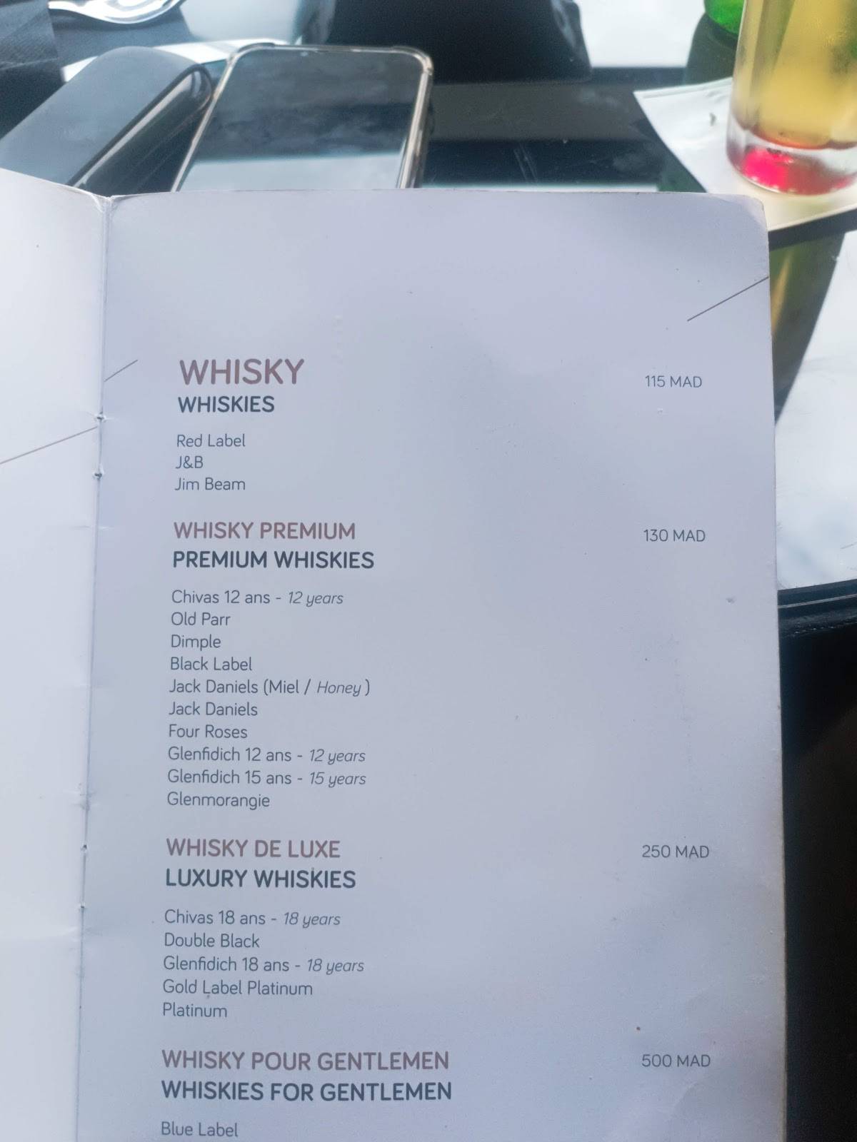Menu au Sky 28 restaurant, Casablanca