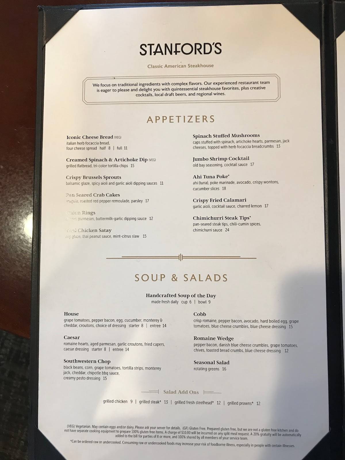 Menu at Stanford's Tanasbourne restaurant, Hillsboro