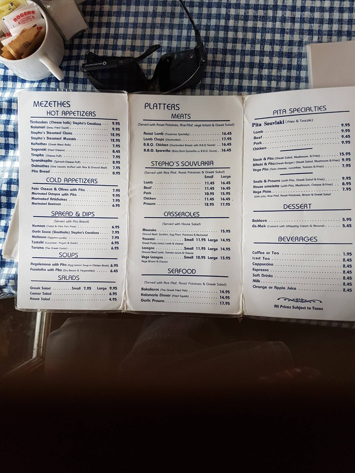 Menu at Stepho's Souvlaki Greek Taverna restaurant, Vancouver, Davie St