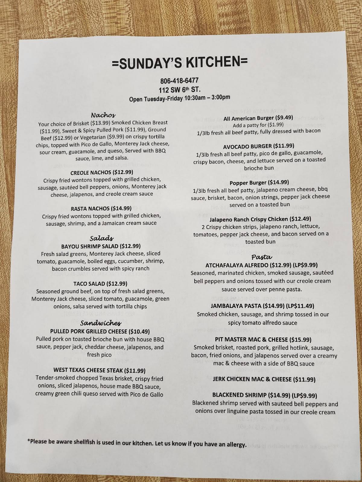 Menu at Sunday's Kitchen restaurant, Amarillo