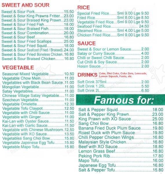 Menu at Sunflower Chinese Restaurant, Nedlands