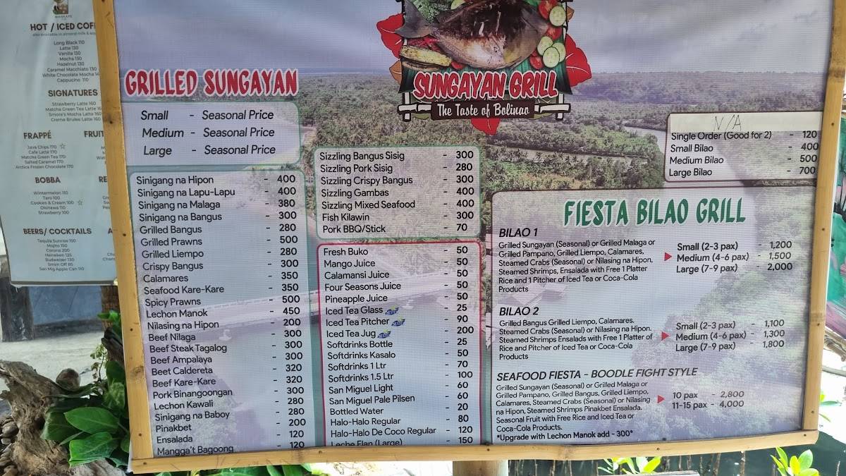 Menu at Sungayan Grill restaurant, Bolinao, 9V34+Q2W