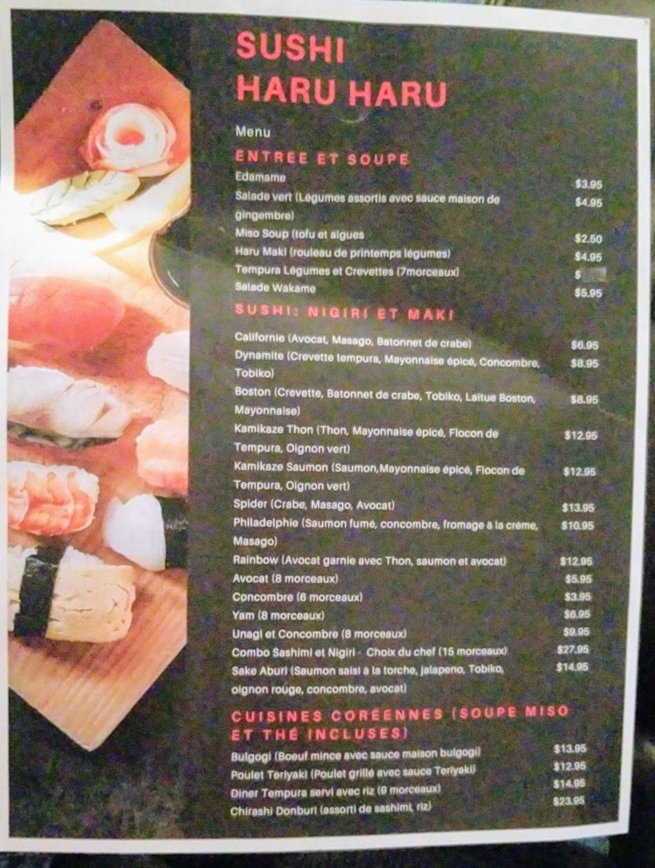 Menu at Sushi haru haru restaurant, Gatineau