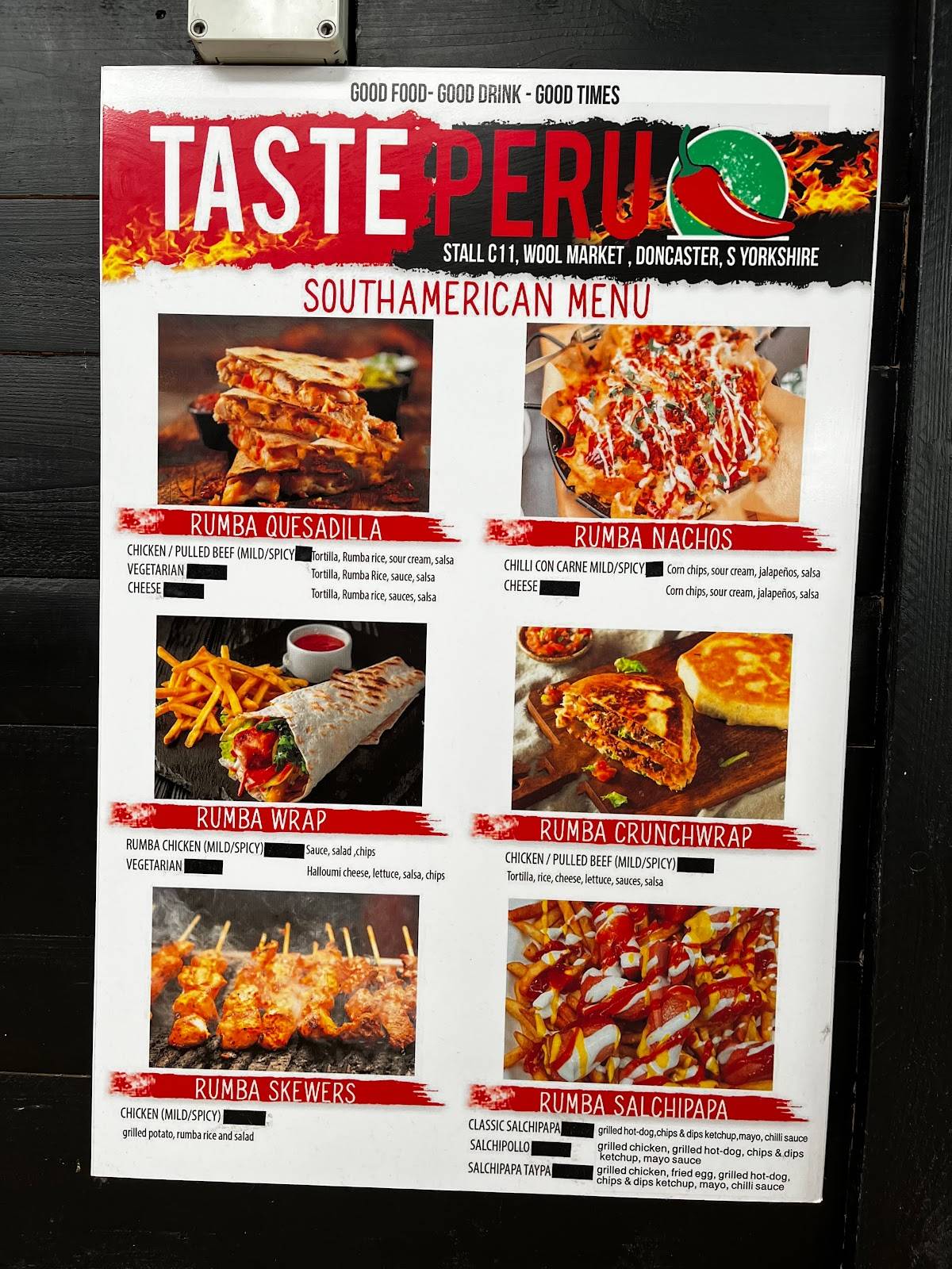 Menu at Taste Peru restaurant, Doncaster