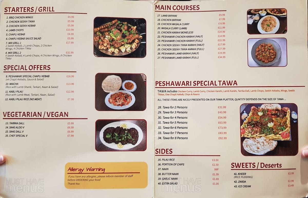 Menu at Taste of Peshawar restaurant, Wembley