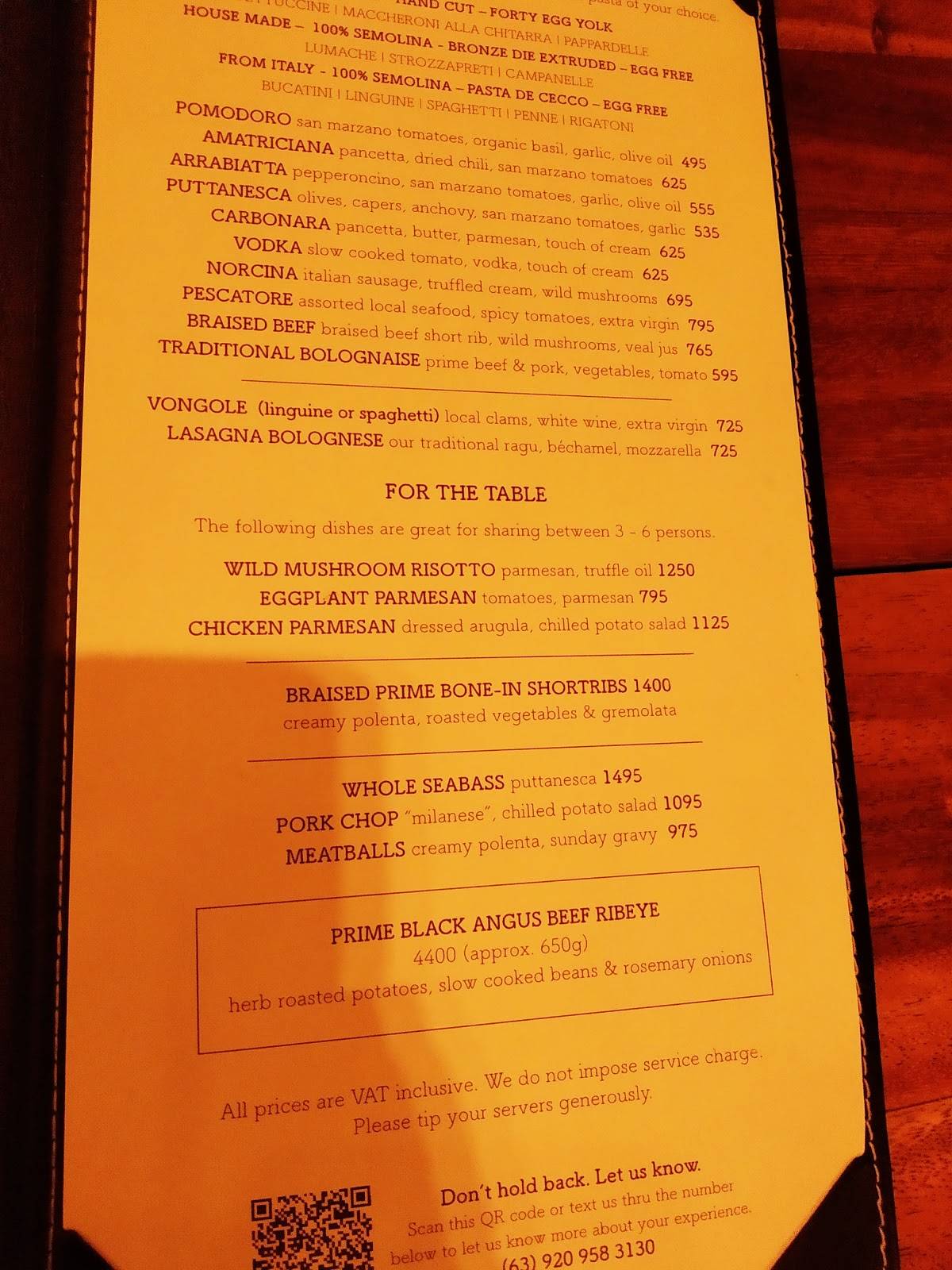 Menu at Tavolata restaurant, Mandaue City, Design Center of 6014