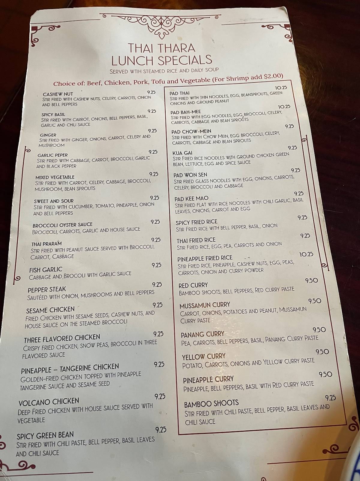 Menu at Thai Thara restaurant, Richmond