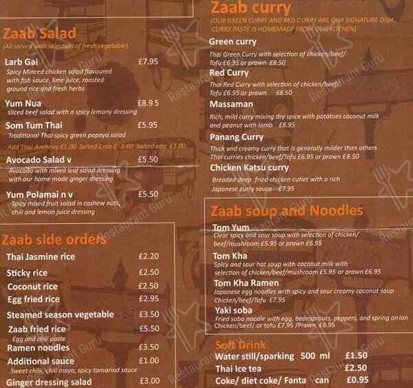 Menu at Thai Zaab restaurant, London