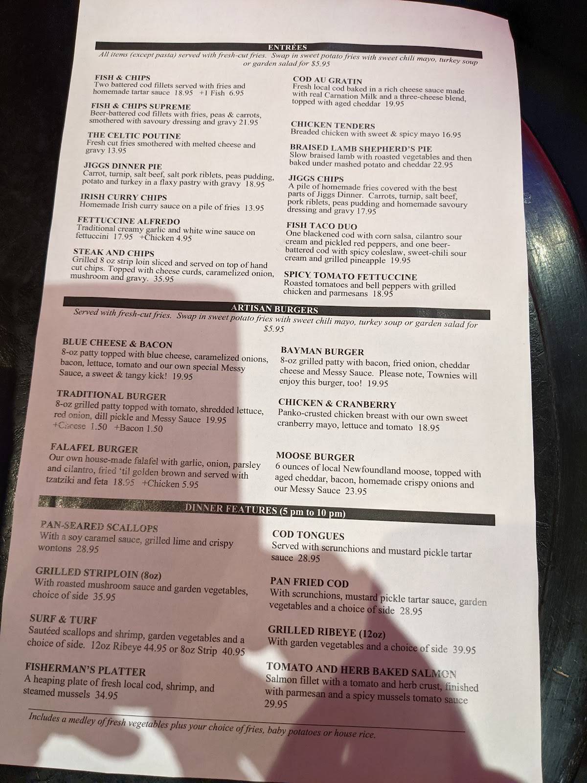 Menu at The Celtic Hearth restaurant, St. John's