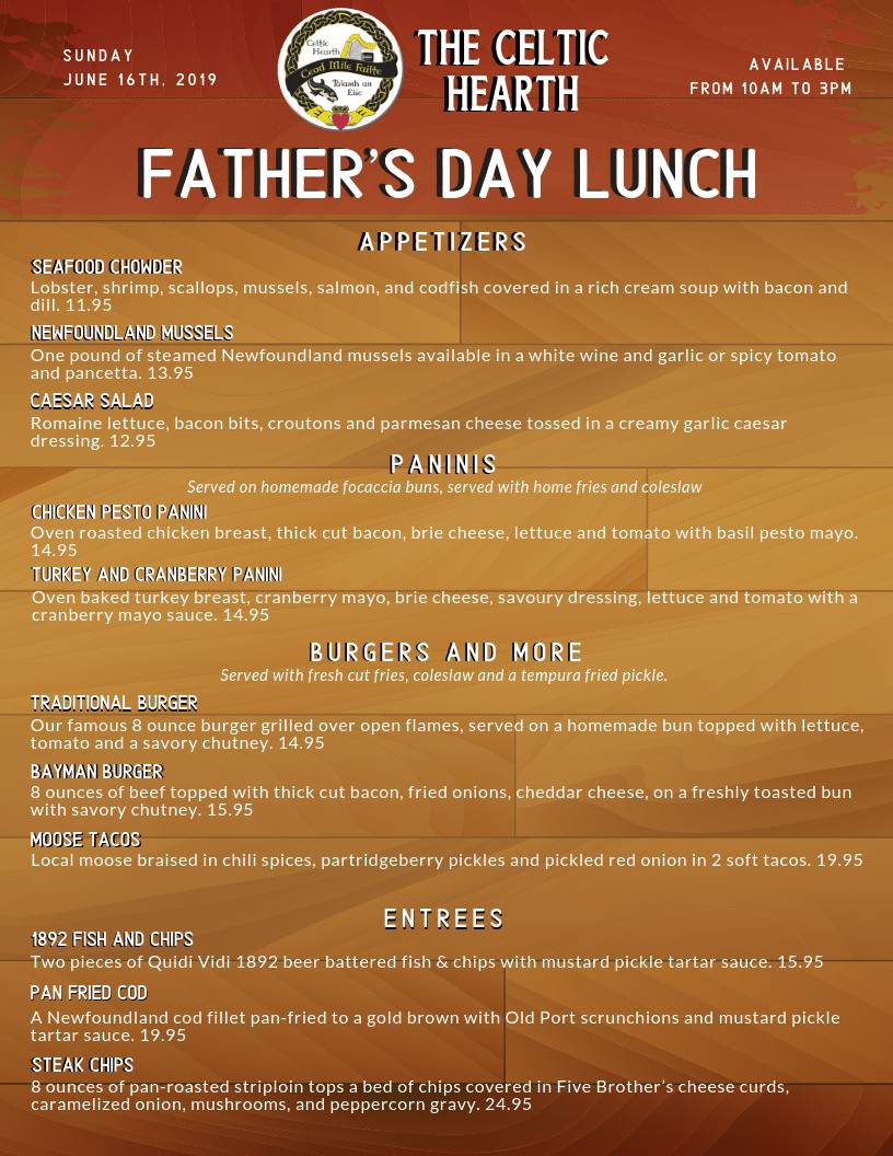 Menu at The Celtic Hearth restaurant, St. John's
