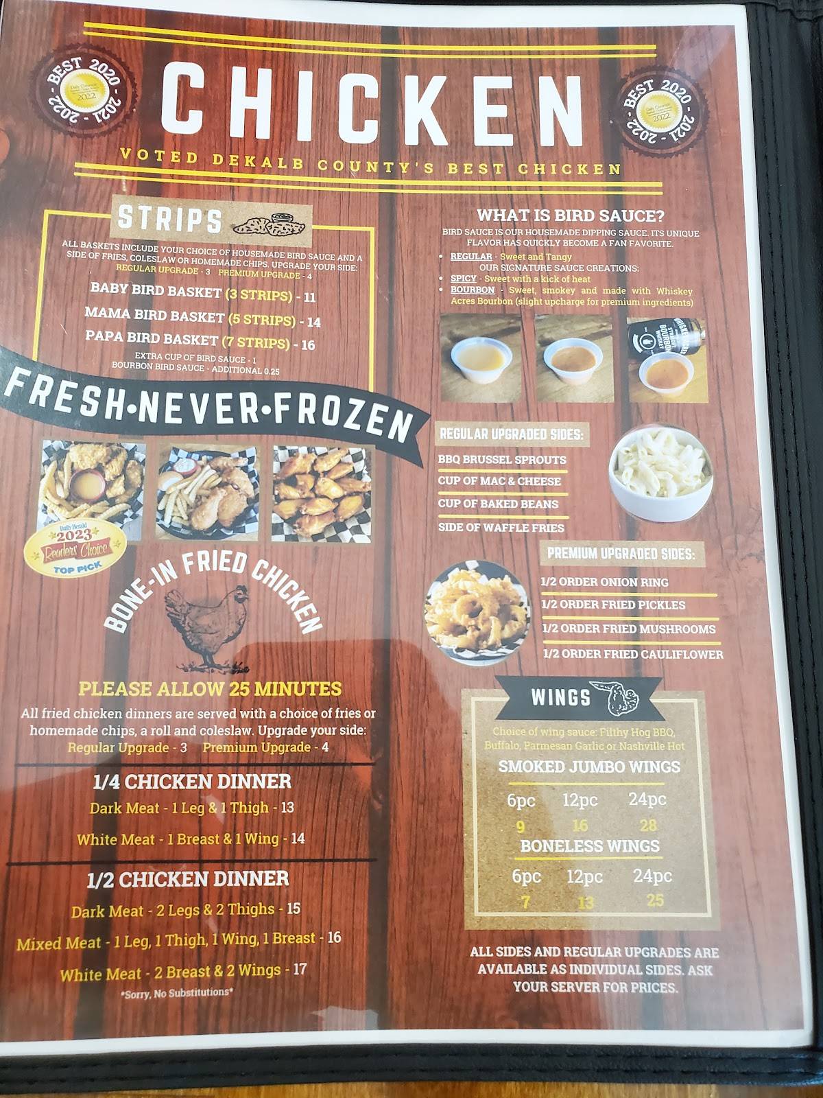 Menu at The Dirty Bird restaurant, Sycamore