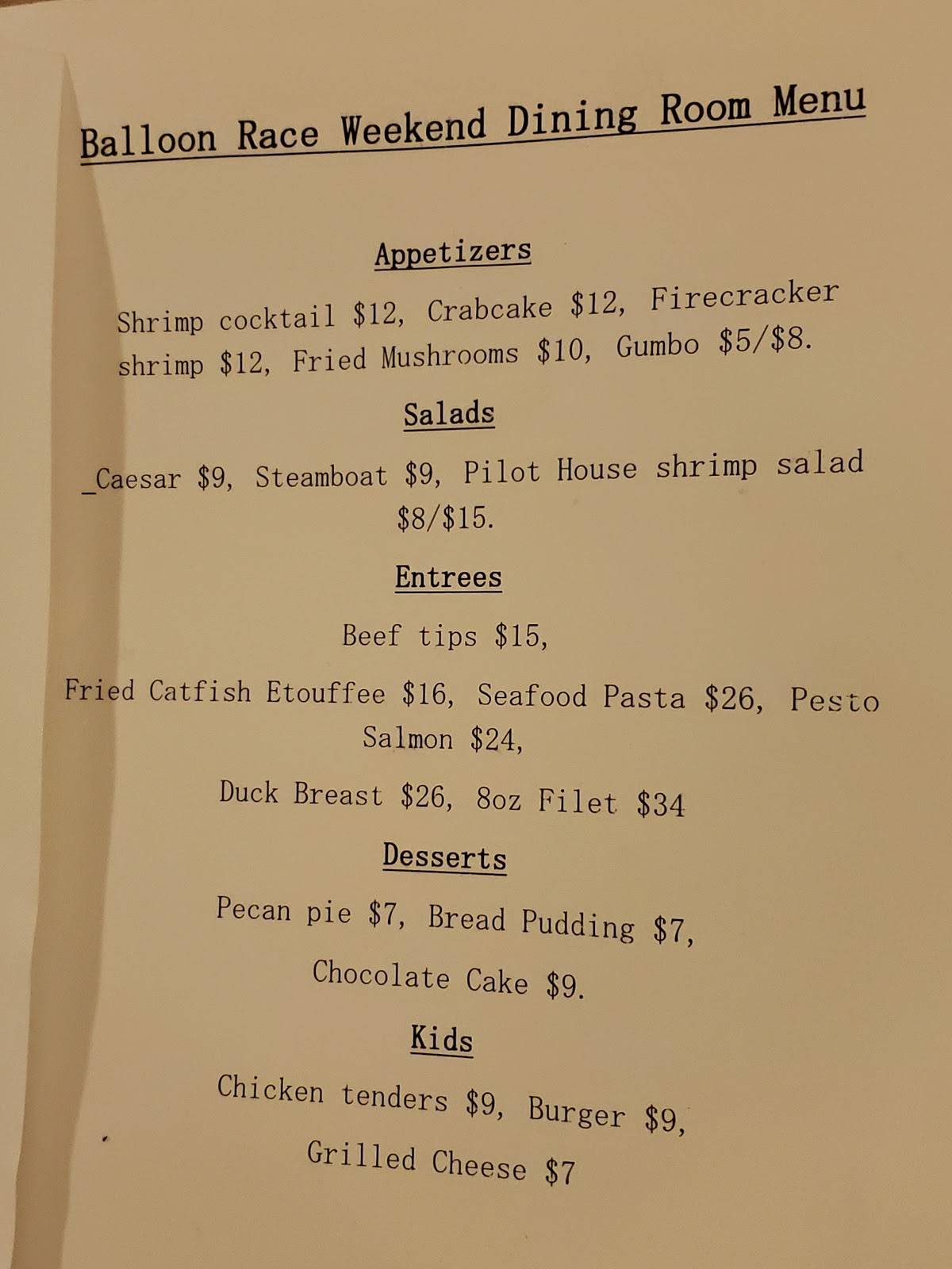 Menu at The Pilot House restaurant, Natchez