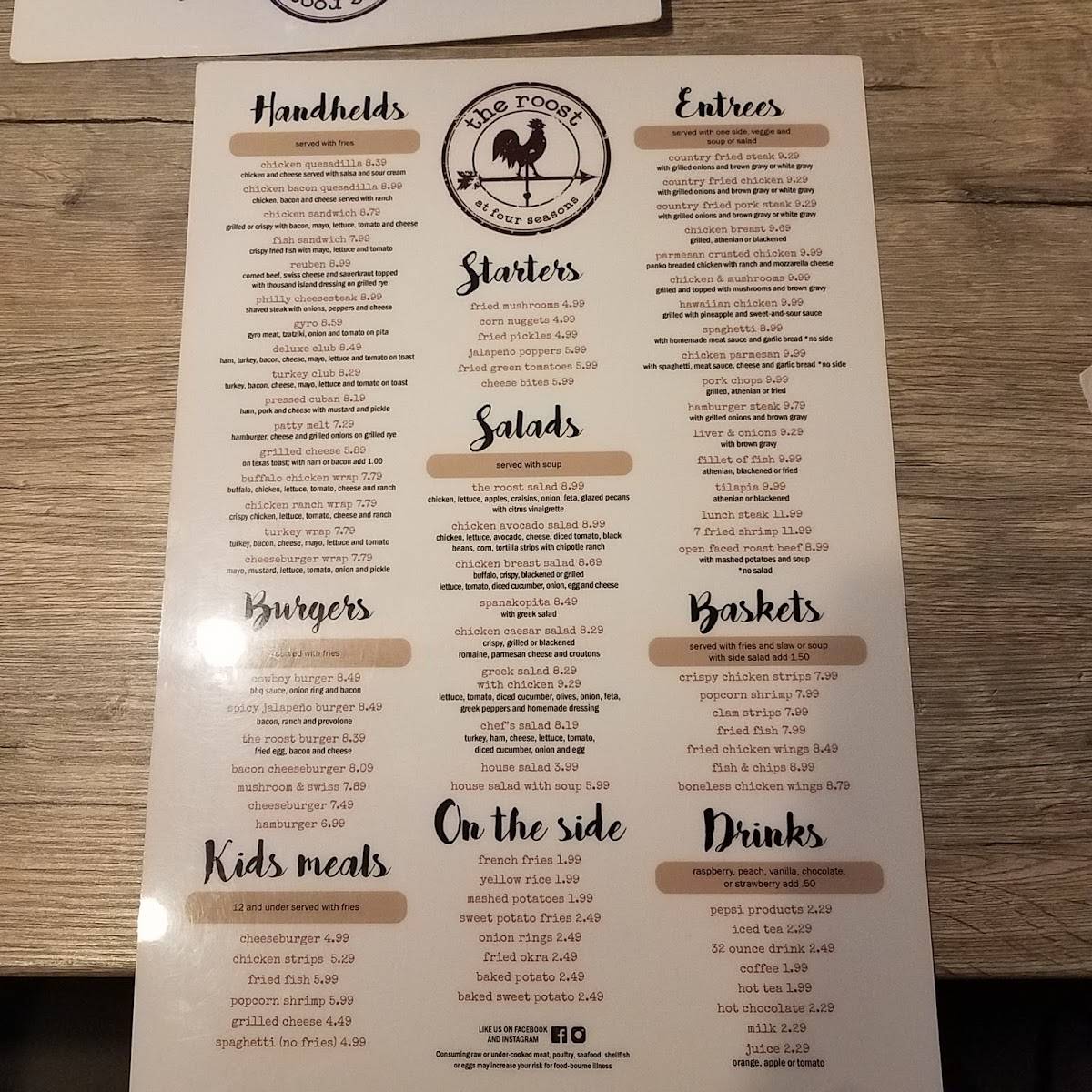 Menu at The Roost at Four Seasons restaurant, Frostproof, US Hwy 27