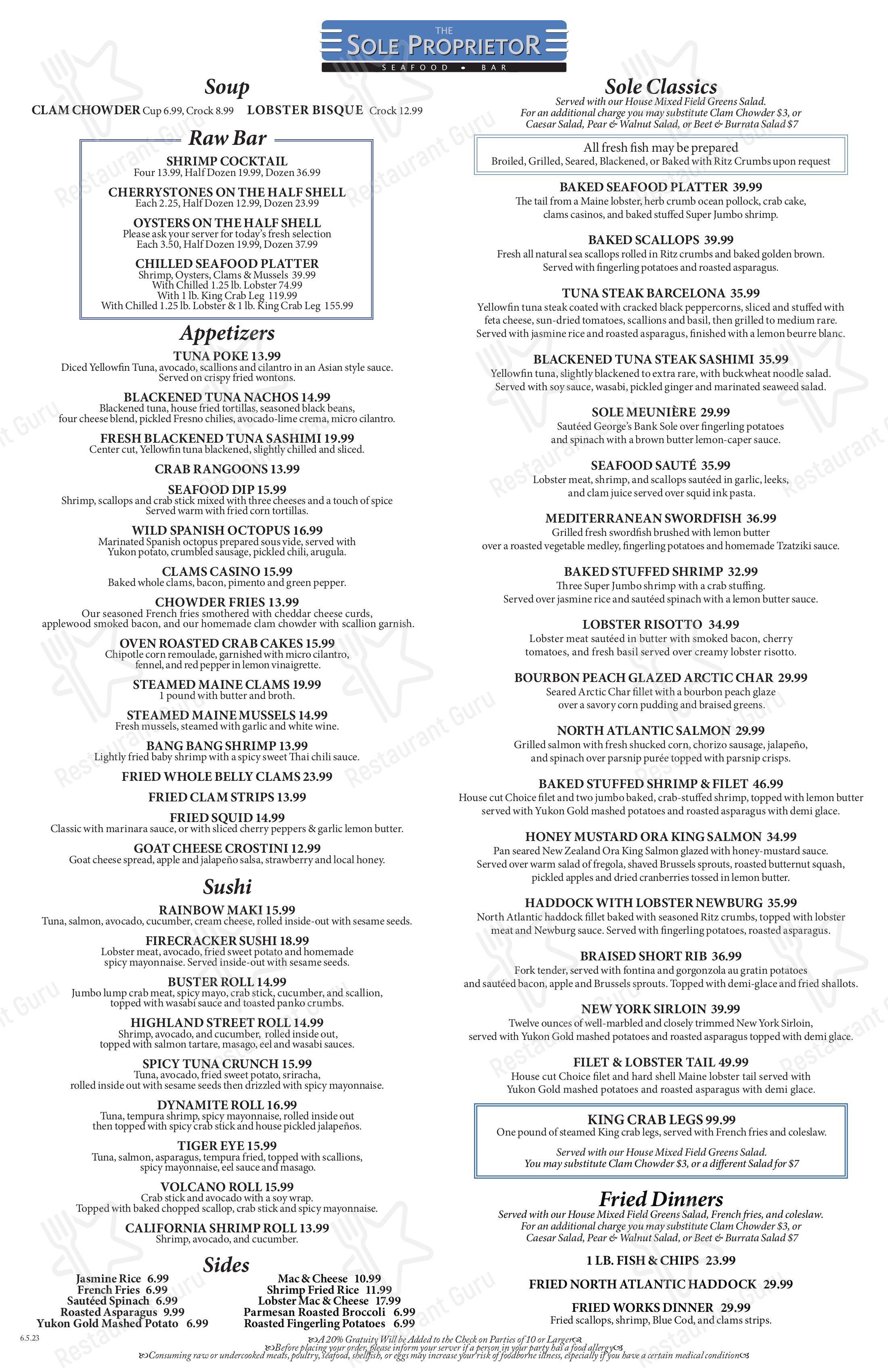 Menu at The Sole Proprietor restaurant, Worcester