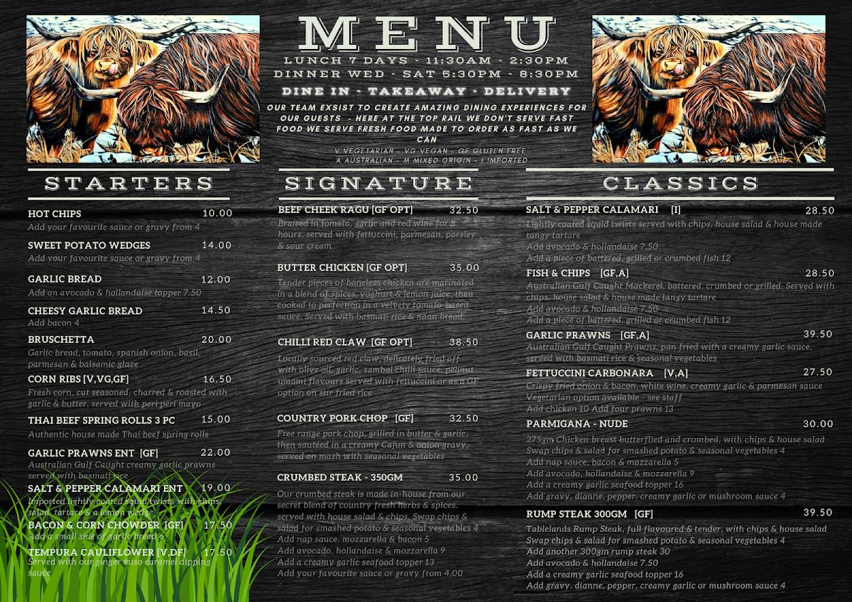 Menu at The Top Rail restaurant, Malanda