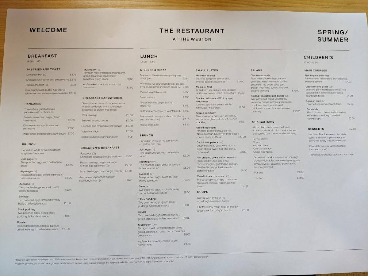 Menu at The Weston restaurant, West Bretton
