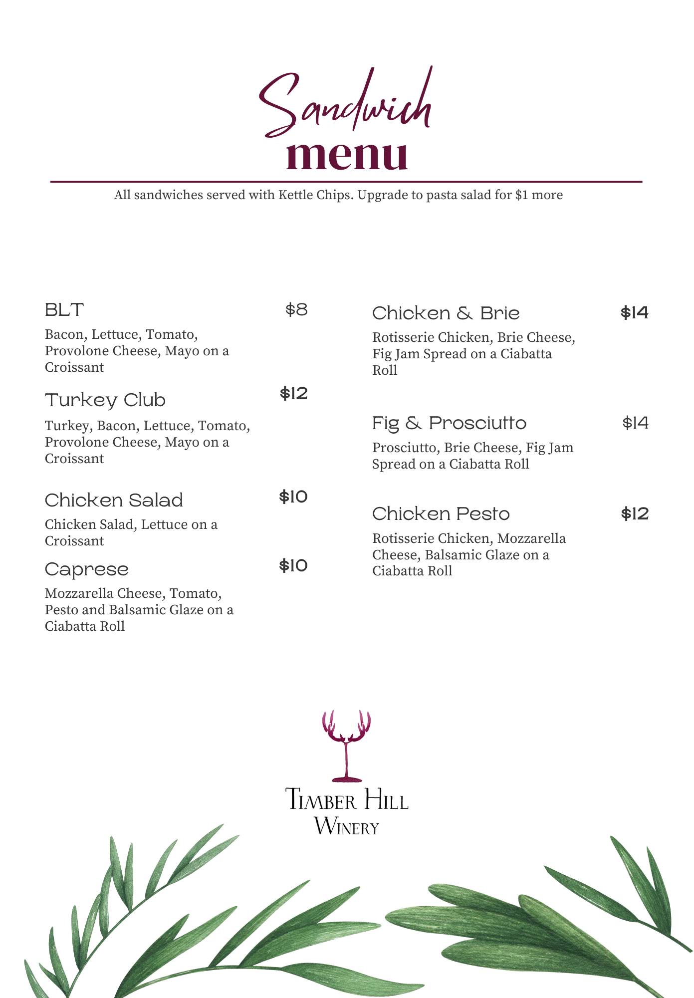 Menu at Timber Hill Winery pub & bar, Milton