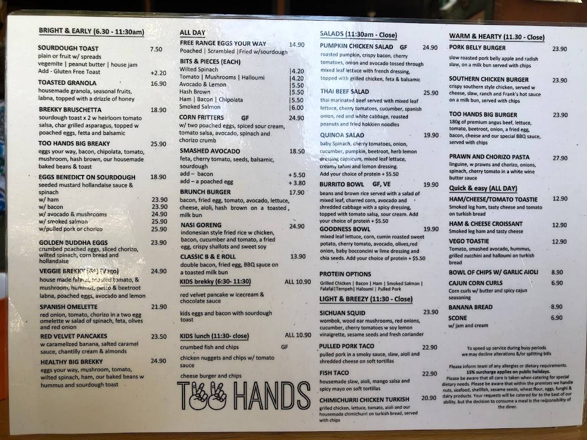 Menu at Too Hands restaurant, New Lambton