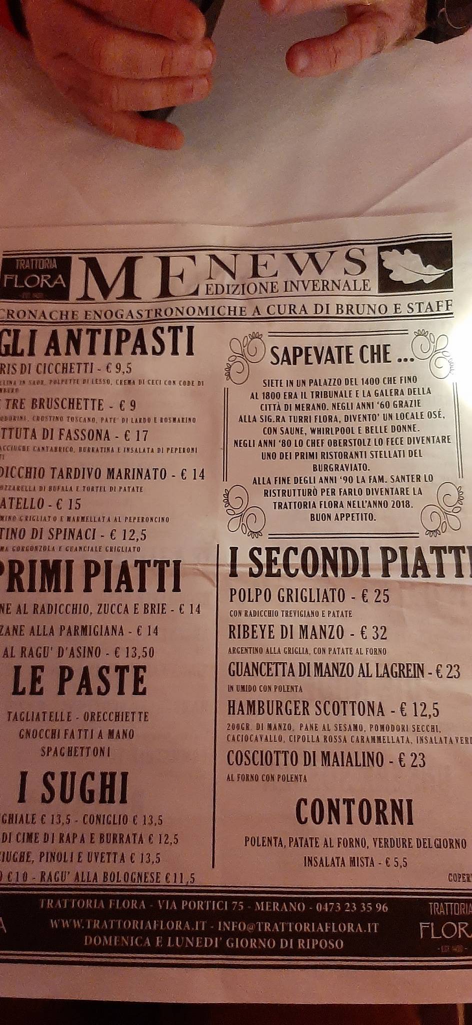 Menu da Trattoria Flora ristorante, Merano