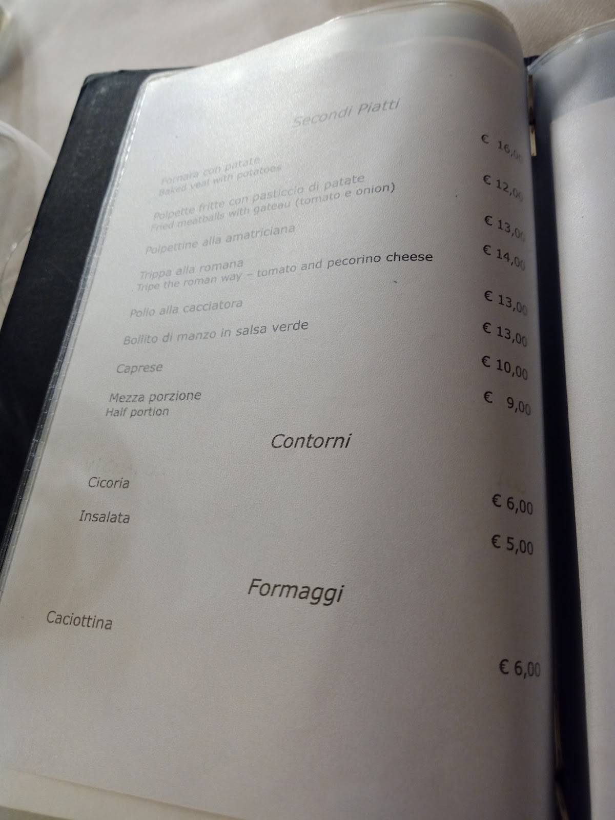 Menu at Trattoria Lilli restaurant, Rome