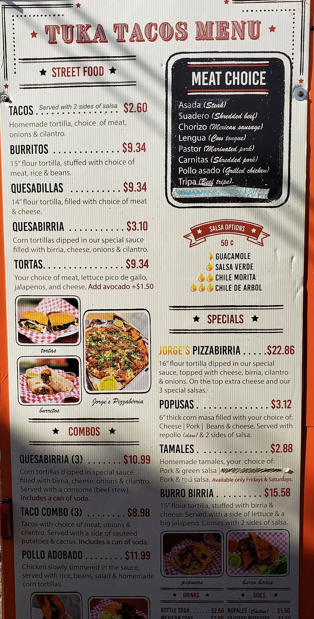 Menu at Tuka Tacos restaurant, Springfield