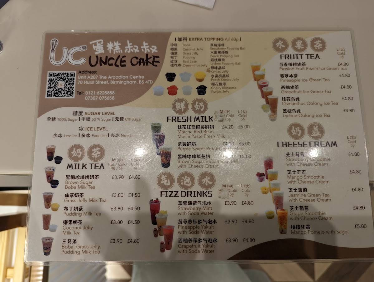 Menu at Uncle Cake restaurant, Birmingham