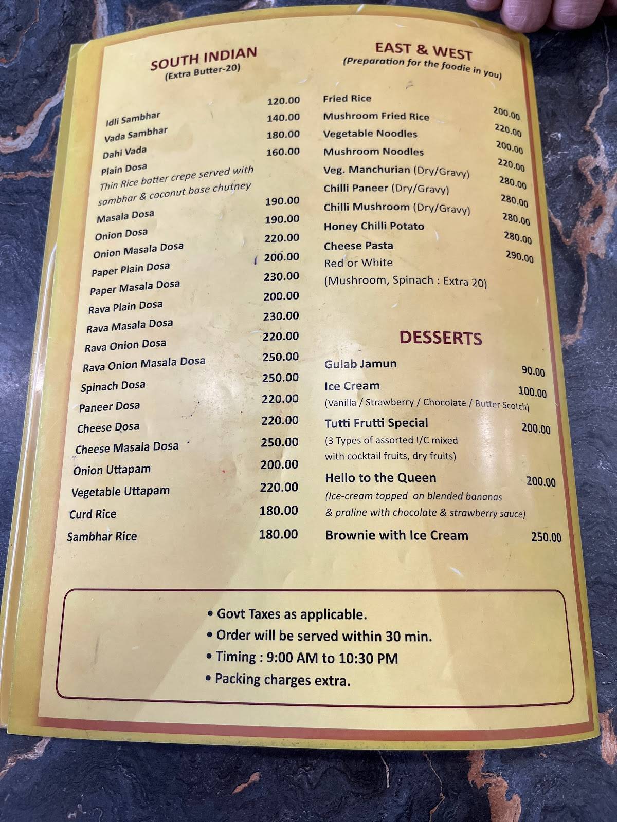 Menu at Uttar Dakshin, Rishikesh