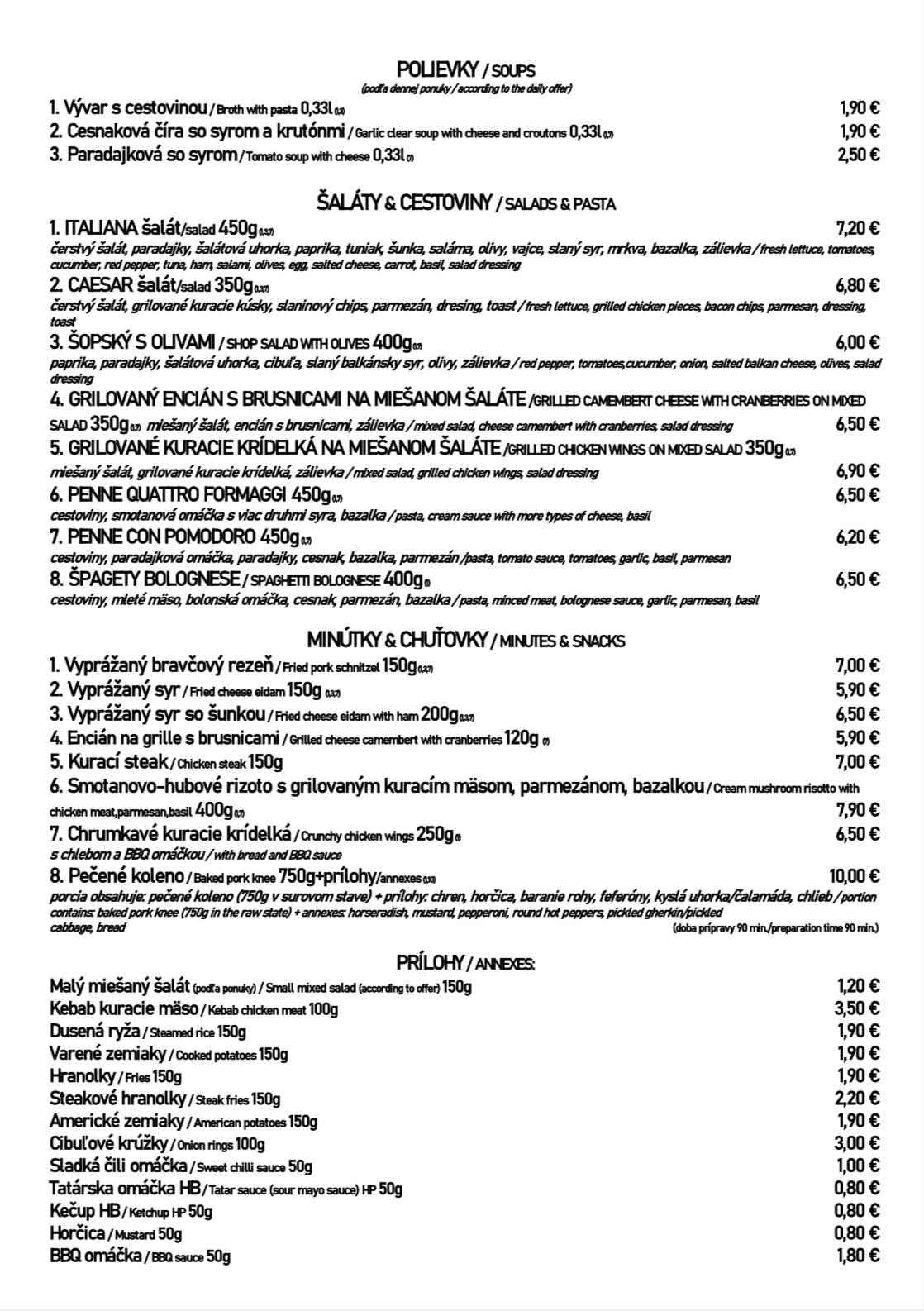 Menu at Vesa pub Pizza Burger, Pliešovce