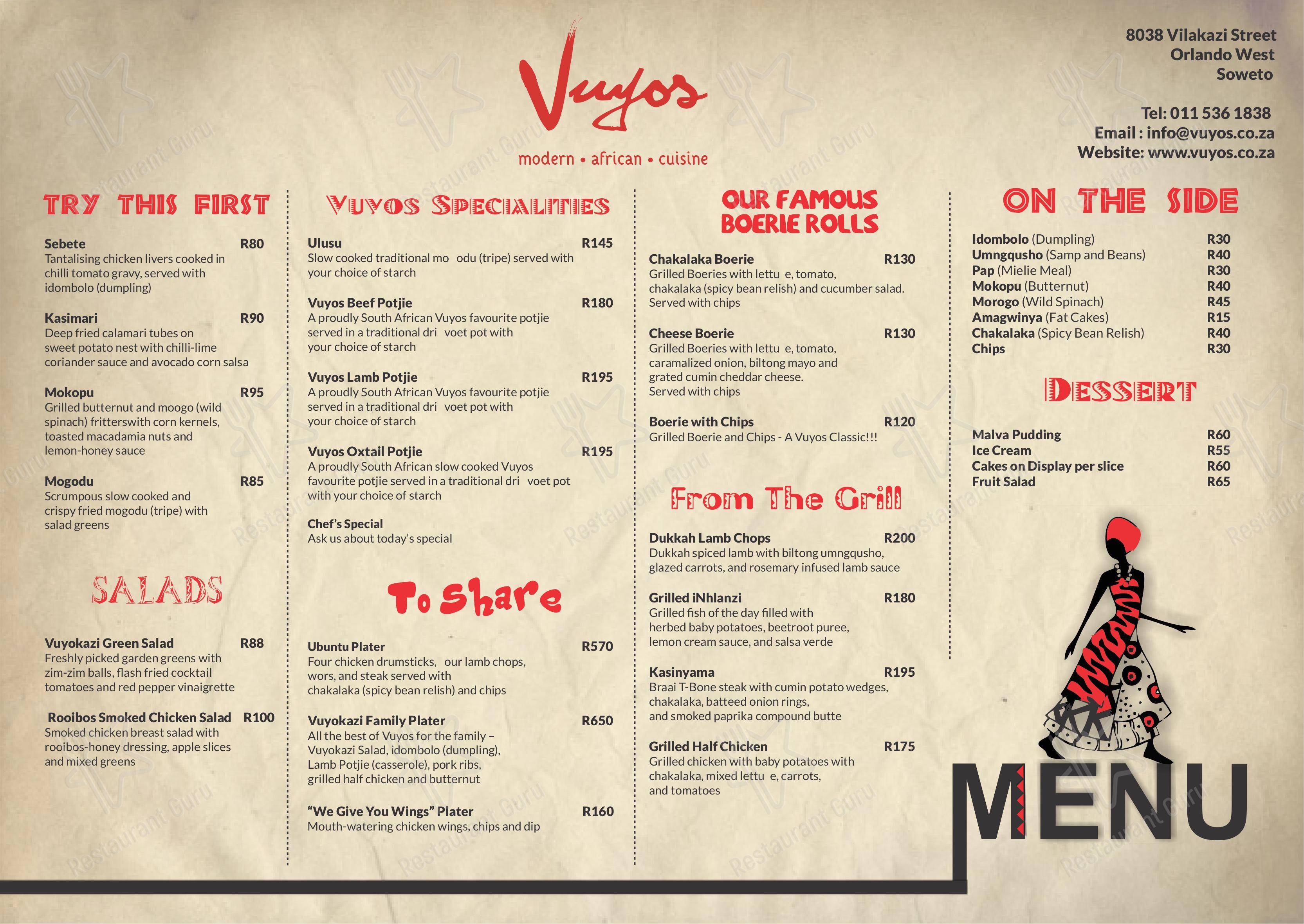 Menu at Vuyos Restaurant, Soweto, Vilakazi St