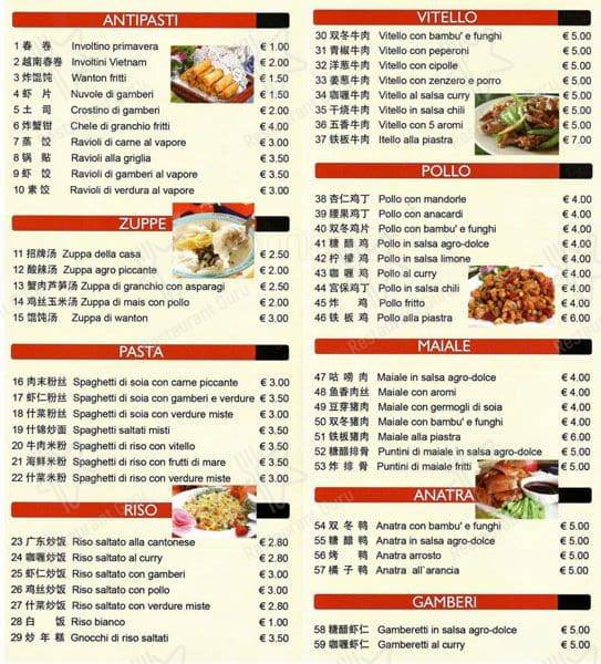 Menu da Xin Fu-Ji ristorante, Milano