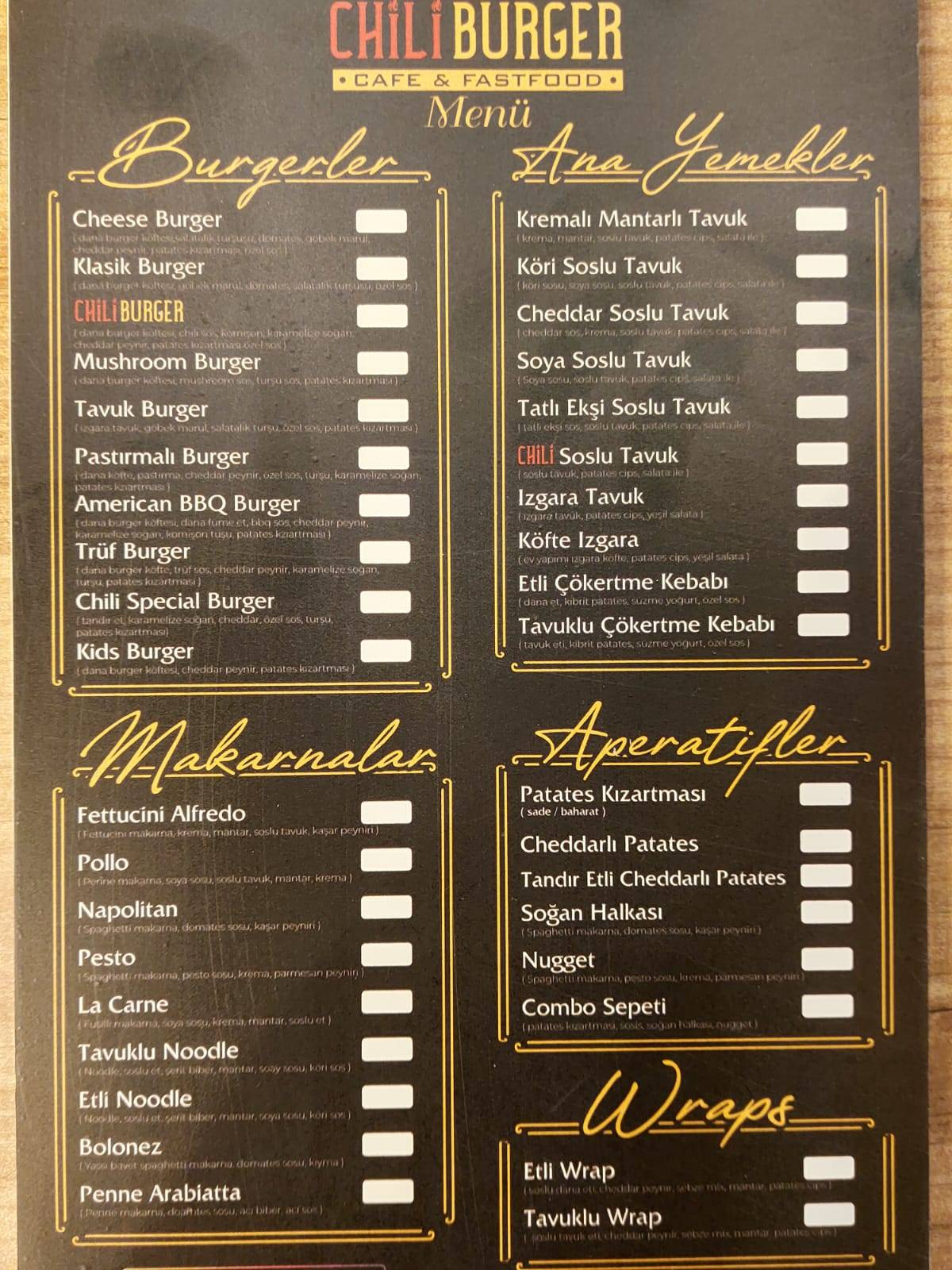 Menu at chili burger cafe&fastfood, Didim