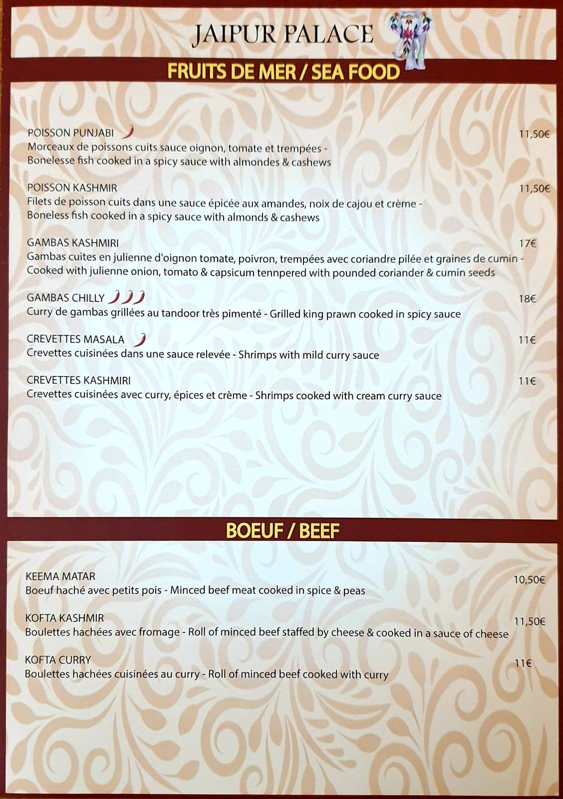 Menu au Restaurant indien Jaipur Palace, Arles